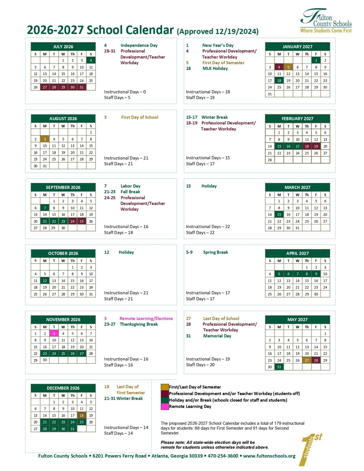 Fulton County Schools Calendar 2025-2026 [Public Schools]