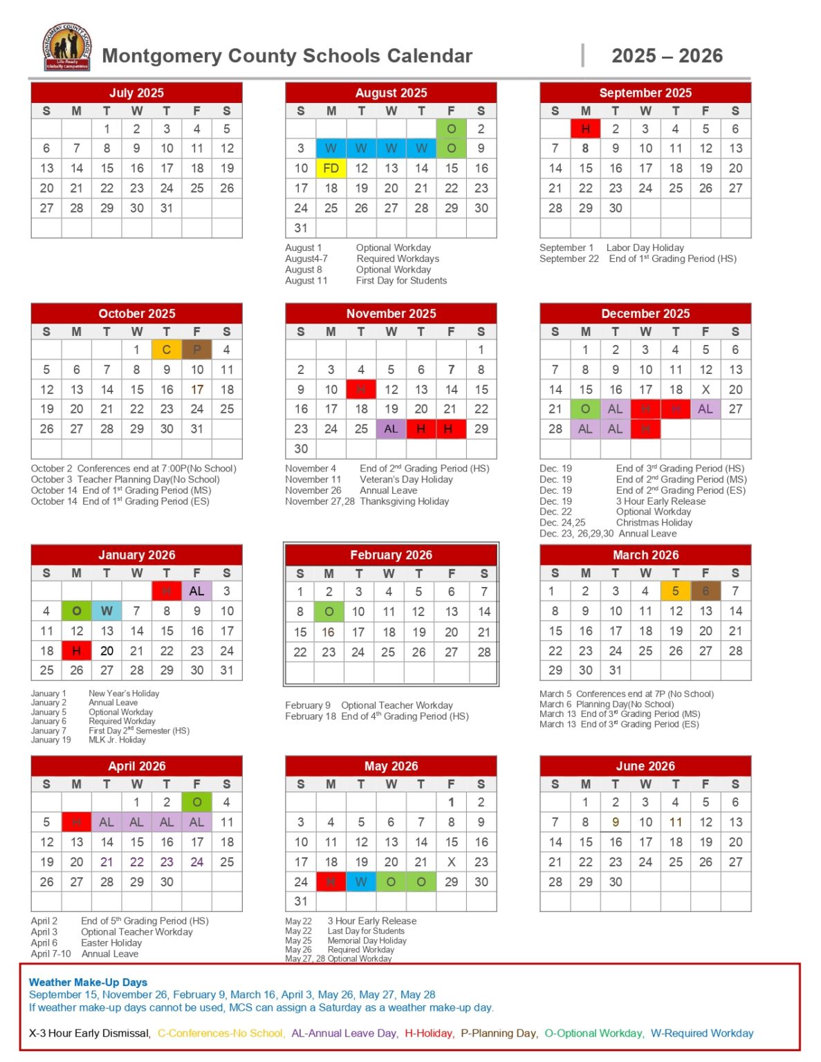 Montgomery County Public Schools Calendar 2025-2026 [PDF]